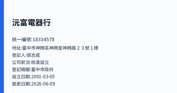 沅富電器行的照片-統編 18334578(臺中市) 公司登記資料與營業項目詳細圖表