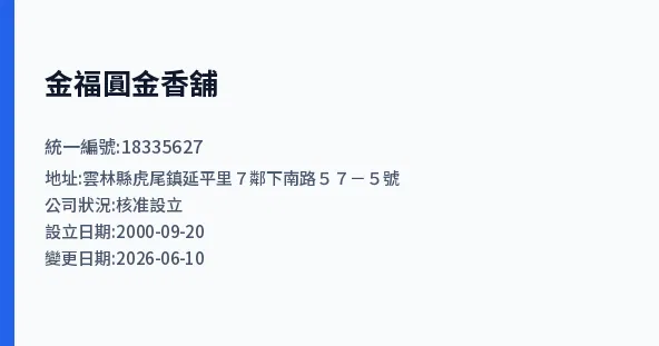 金福圓金香舖的照片-統編 18335627(雲林縣) 公司登記資料與營業項目詳細圖表