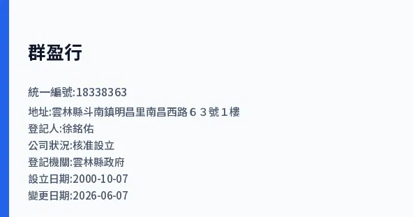 群盈行的照片-統編 18338363(雲林縣) 公司登記資料與營業項目詳細圖表