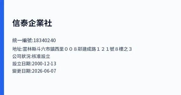 信泰企業社的照片-統編 18340240(雲林縣) 公司登記資料與營業項目詳細圖表