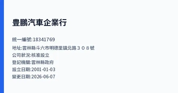 豊鵬汽車企業行的照片-統編 18341769(雲林縣) 公司登記資料與營業項目詳細圖表