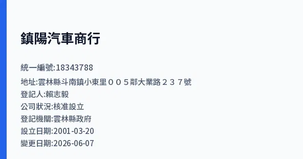 鎮陽汽車商行的照片-統編 18343788(雲林縣) 公司登記資料與營業項目詳細圖表