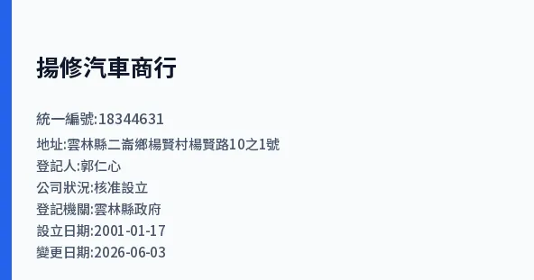 揚修汽車商行的照片-統編 18344631(雲林縣) 公司登記資料與營業項目詳細圖表