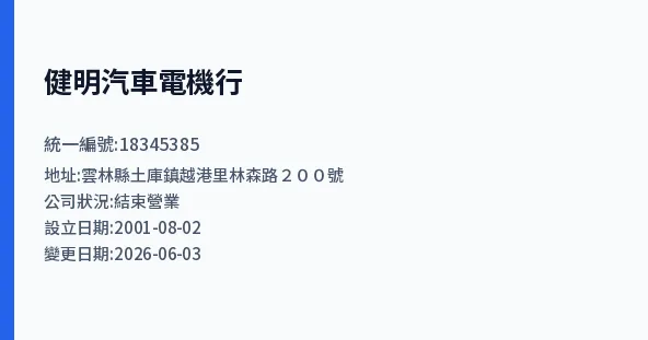健明汽車電機行的照片-統編 18345385(雲林縣) 公司登記資料與營業項目詳細圖表