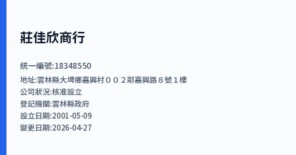 莊佳欣商行的照片-統編 18348550(雲林縣) 公司登記資料與營業項目詳細圖表