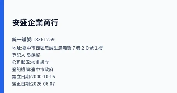 安盛企業商行的照片-統編 18361259(臺中市) 公司登記資料與營業項目詳細圖表