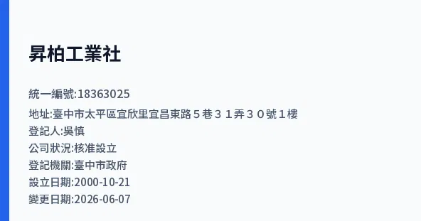 昇柏工業社的照片-統編 18363025(臺中市) 公司登記資料與營業項目詳細圖表