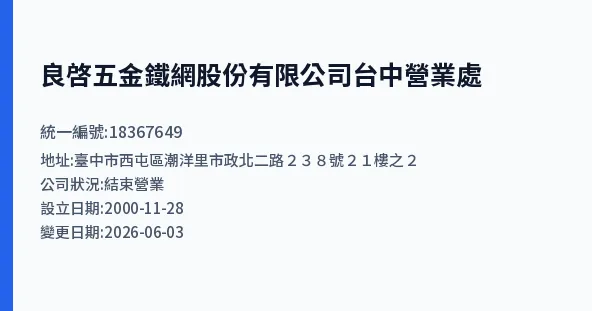 良啓五金鐵網股份有限公司台中營業處的照片-統編 18367649(臺中市) 公司登記資料與營業項目詳細圖表