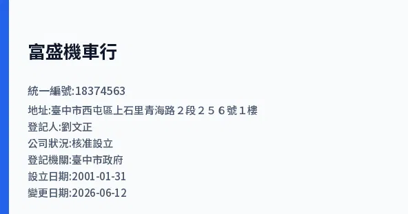 富盛機車行的照片-統編 18374563(臺中市) 公司登記資料與營業項目詳細圖表