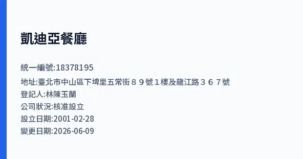 凱迪亞餐廳的照片-統編 18378195(臺北市) 公司登記資料與營業項目詳細圖表