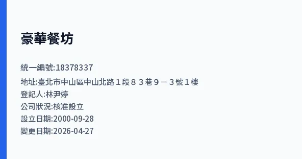 豪華餐坊的照片-統編 18378337(臺北市) 公司登記資料與營業項目詳細圖表