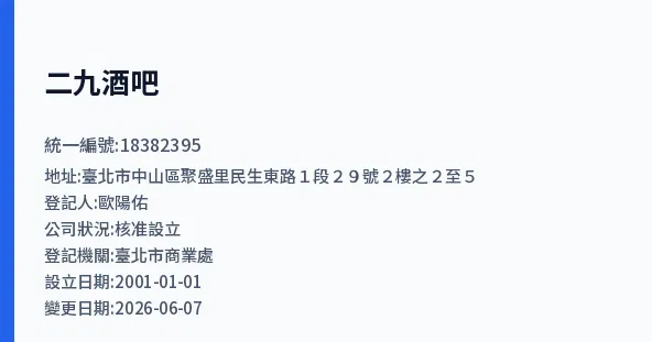 二九酒吧的照片-統編 18382395(臺北市) 公司登記資料與營業項目詳細圖表
