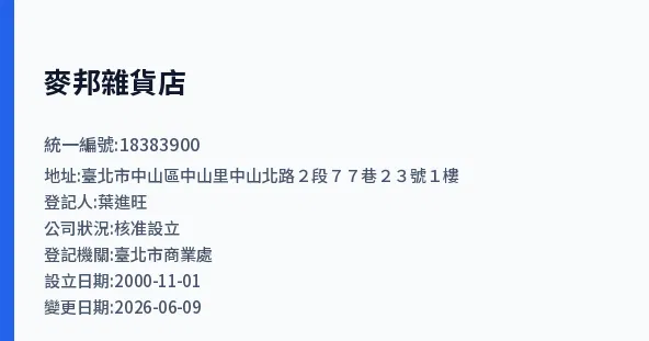 麥邦雜貨店的照片-統編 18383900(臺北市) 公司登記資料與營業項目詳細圖表