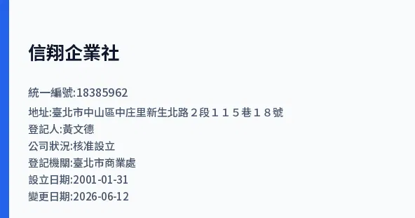 信翔企業社的照片-統編 18385962(臺北市) 公司登記資料與營業項目詳細圖表