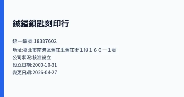 鋮鎰鎖匙刻印行的照片-統編 18387602(臺北市) 公司登記資料與營業項目詳細圖表