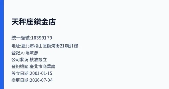 天秤座鑽金店的照片-統編 18399179(臺北市) 公司登記資料與營業項目詳細圖表