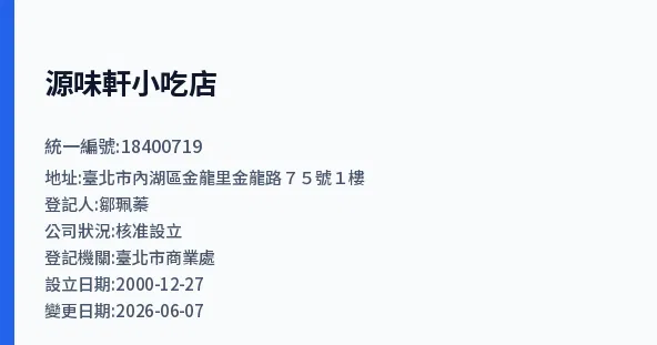 源味軒小吃店的照片-統編 18400719(臺北市) 公司登記資料與營業項目詳細圖表