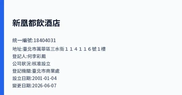 新凰都飲酒店的照片-統編 18404031(臺北市) 公司登記資料與營業項目詳細圖表