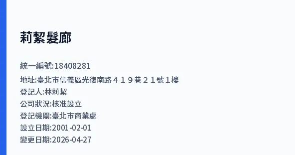 莉絜髮廊的照片-統編 18408281(臺北市) 公司登記資料與營業項目詳細圖表