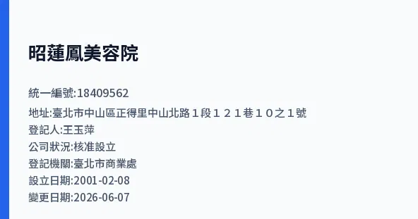 昭蓮鳳美容院的照片-統編 18409562(臺北市) 公司登記資料與營業項目詳細圖表
