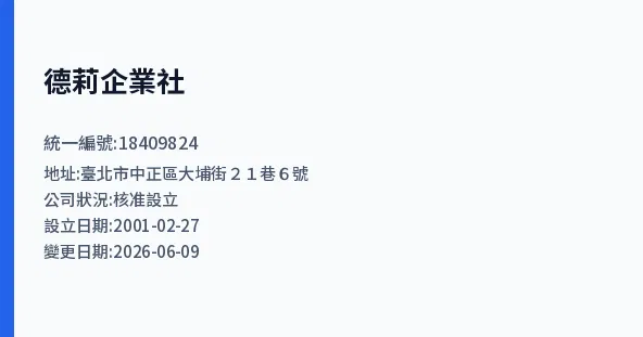 德莉企業社的照片-統編 18409824(臺北市) 公司登記資料與營業項目詳細圖表