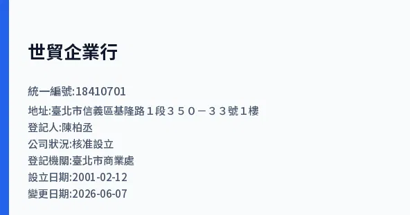 世貿企業行的照片-統編 18410701(臺北市) 公司登記資料與營業項目詳細圖表