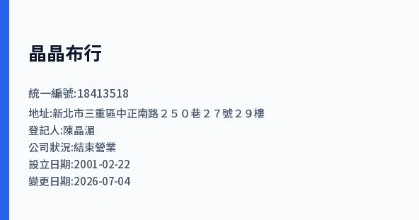 晶晶布行的照片-統編 18413518(新北市) 公司登記資料與營業項目詳細圖表