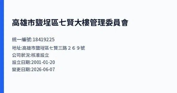 高雄市鹽埕區七賢大樓管理委員會的照片-統編 18419225(高雄市) 公司登記資料與營業項目詳細圖表
