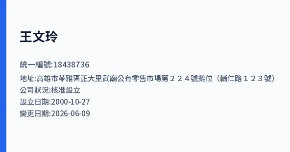 王文玲的照片-統編 18438736(高雄市) 公司登記資料與營業項目詳細圖表