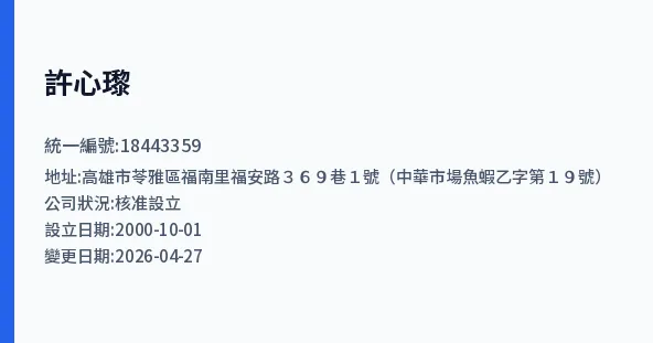 許心瓈的照片-統編 18443359(高雄市) 公司登記資料與營業項目詳細圖表