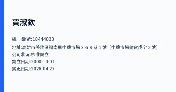 賈淑欽的照片-統編 18444033(高雄市) 公司登記資料與營業項目詳細圖表