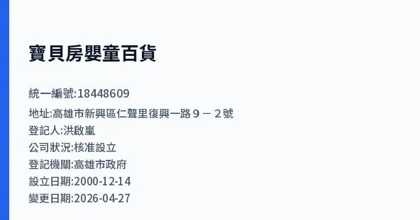 寶貝房嬰童百貨的照片-統編 18448609(高雄市) 公司登記資料與營業項目詳細圖表