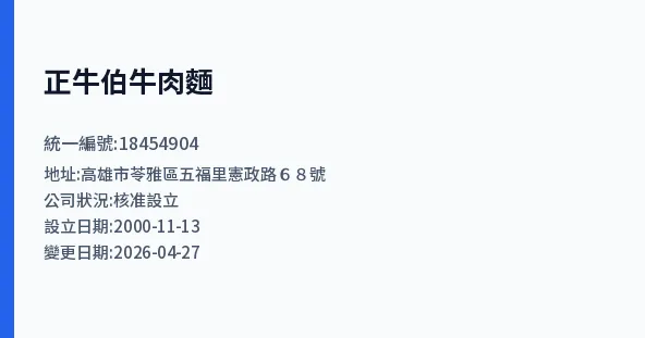 正牛伯牛肉麵的照片-統編 18454904(高雄市) 公司登記資料與營業項目詳細圖表