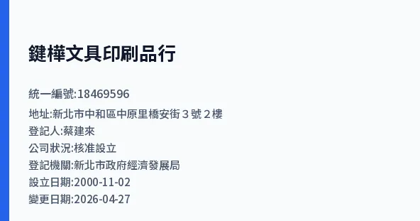 鍵樺文具印刷品行的照片-統編 18469596(新北市) 公司登記資料與營業項目詳細圖表