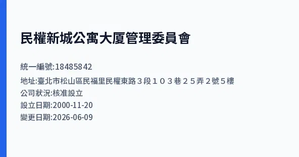 民權新城公寓大厦管理委員會的照片-統編 18485842(臺北市) 公司登記資料與營業項目詳細圖表