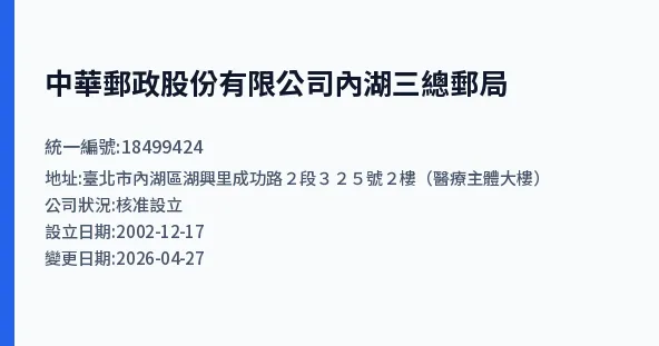 中華郵政股份有限公司內湖三總郵局的照片-統編 18499424(臺北市) 公司登記資料與營業項目詳細圖表