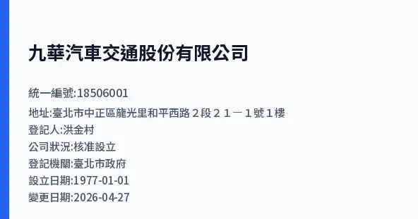 九華汽車交通股份有限公司的照片-統編 18506001(臺北市) 公司登記資料與營業項目詳細圖表