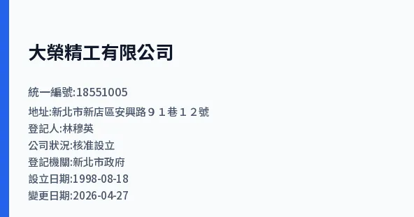 大榮精工有限公司的照片-統編 18551005(新北市) 公司登記資料與營業項目詳細圖表