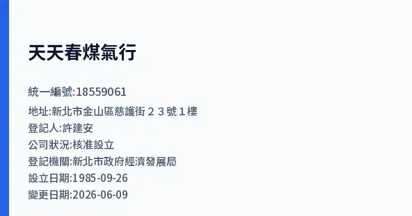 天天春煤氣行的照片-統編 18559061(新北市) 公司登記資料與營業項目詳細圖表