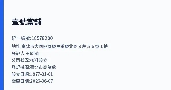 壹號當舖的照片-統編 18578200(臺北市) 公司登記資料與營業項目詳細圖表