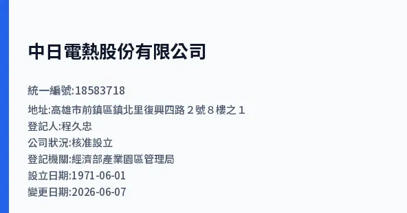 中日電熱股份有限公司的照片-統編 18583718(高雄市) 公司登記資料與營業項目詳細圖表