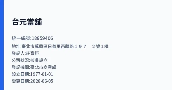 台元當舖的照片-統編 18859406(臺北市) 公司登記資料與營業項目詳細圖表
