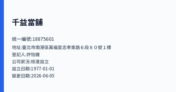 千益當舖的照片-統編 18875601(臺北市) 公司登記資料與營業項目詳細圖表