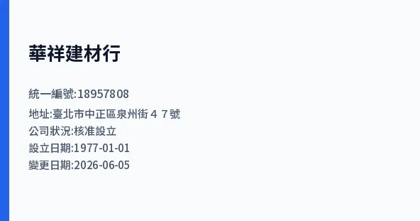 華祥建材行的照片-統編 18957808(臺北市) 公司登記資料與營業項目詳細圖表