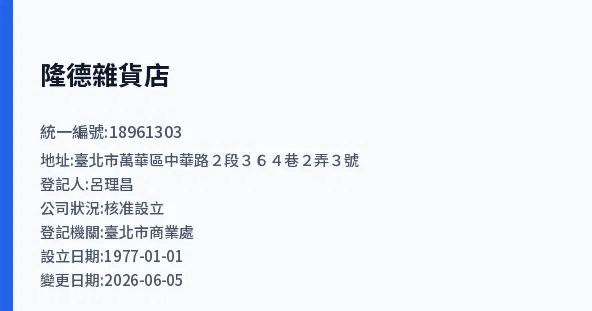 隆德雜貨店的照片-統編 18961303(臺北市) 公司登記資料與營業項目詳細圖表