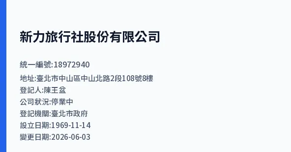 新力旅行社股份有限公司的照片-統編 18972940(臺北市) 公司登記資料與營業項目詳細圖表