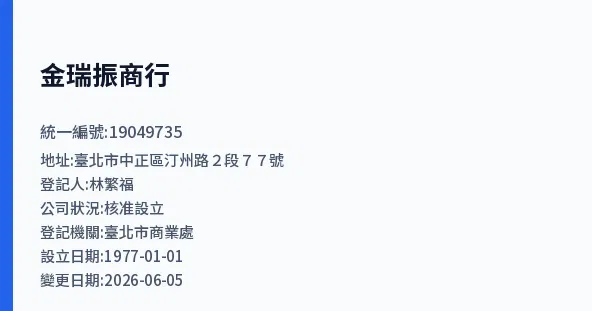 金瑞振商行的照片-統編 19049735(臺北市) 公司登記資料與營業項目詳細圖表