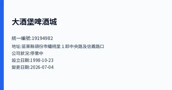 大酒堡啤酒城的照片-統編 19194982(苗栗縣) 公司登記資料與營業項目詳細圖表