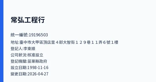 常弘工程行的照片-統編 19196503(臺中市) 公司登記資料與營業項目詳細圖表