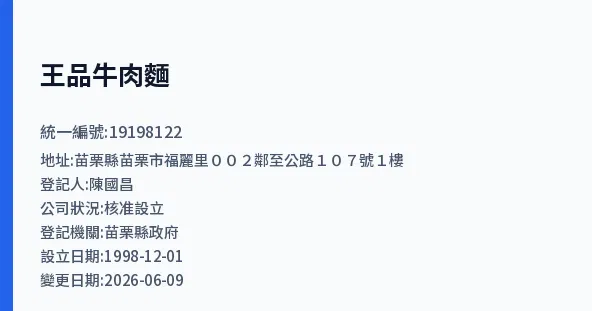 王品牛肉麵的照片-統編 19198122(苗栗縣) 公司登記資料與營業項目詳細圖表